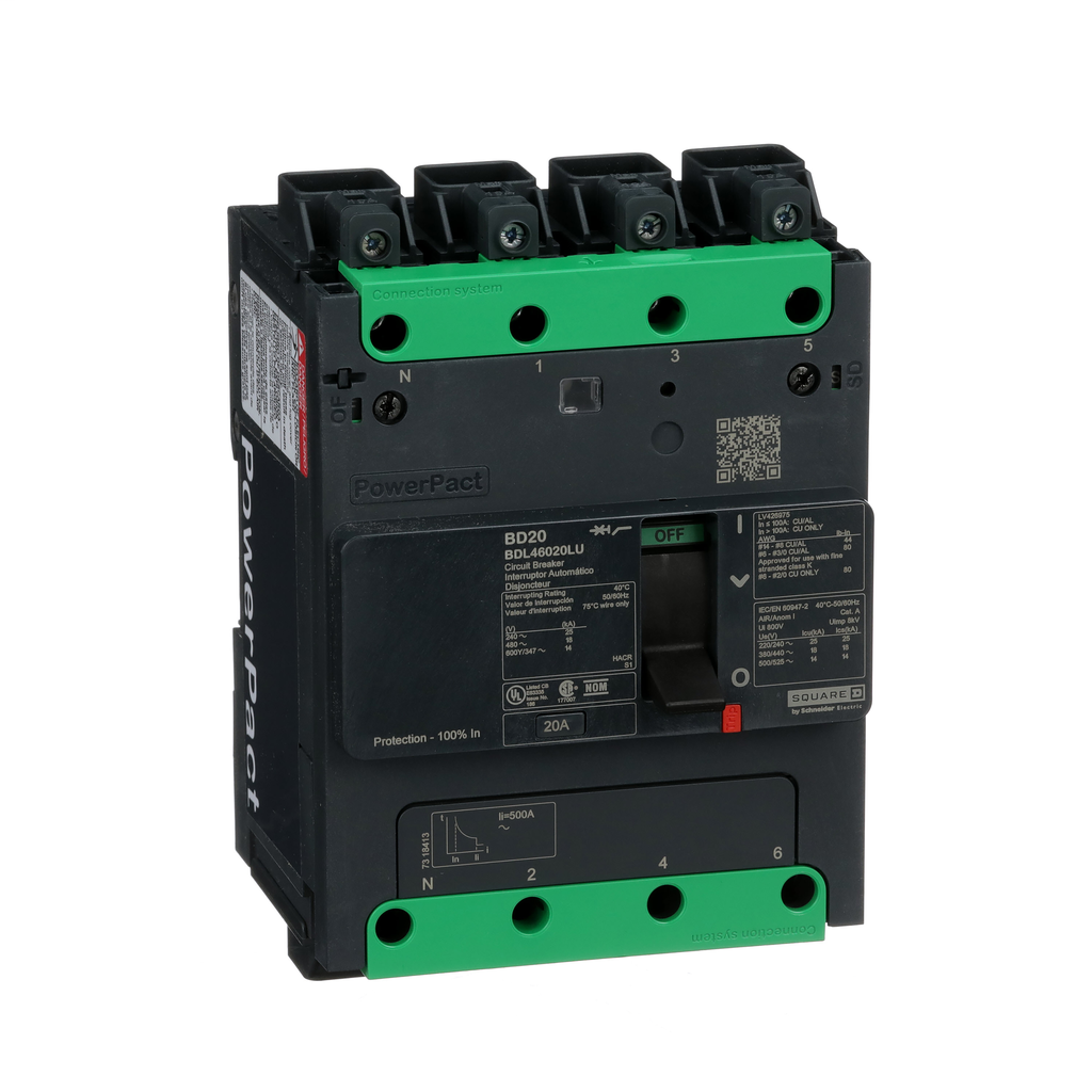 Circuit breaker, PowerPact B, 20A, 4 poles, 600Y/347V AC, 14kA at 600Y ...